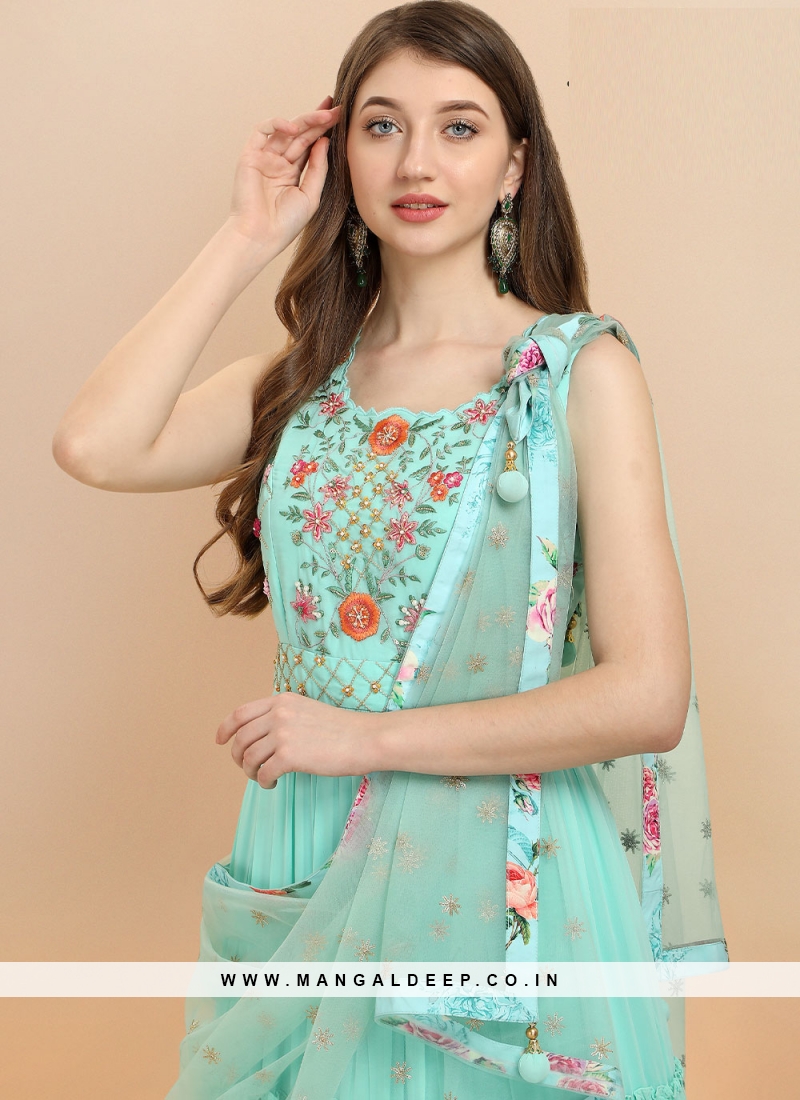 Georgette Handwork Readymade Designer Gown in Green Georgette Handwork Readymade Designer Gown in Green