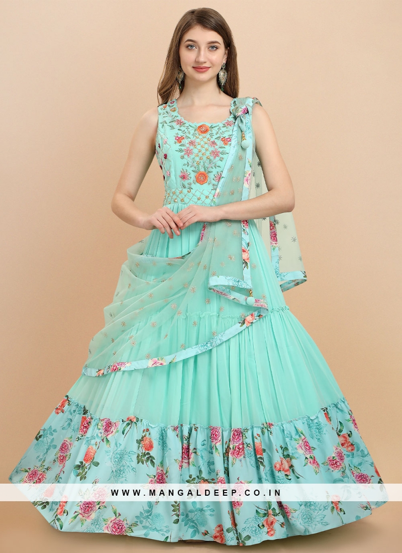 Georgette Handwork Readymade Designer Gown in Green Georgette Handwork Readymade Designer Gown in Green